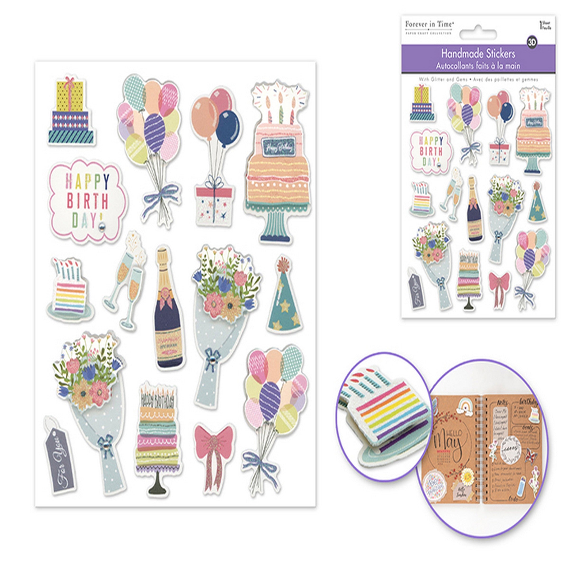 Forever in Time 3D Handmade Stickers with Glitter and Gems - Happy Bir